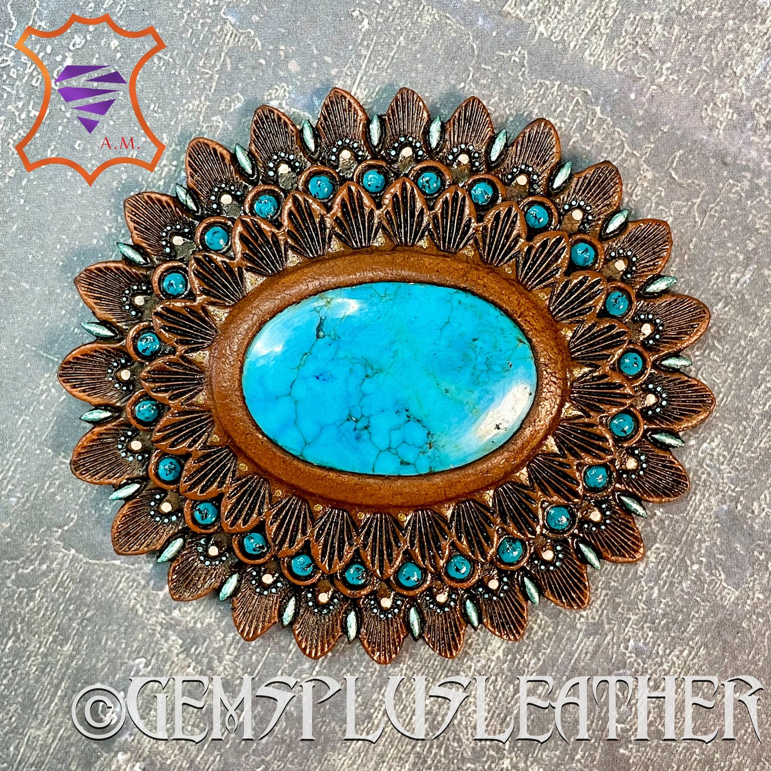 Hand Tooled Leather Concho With Turquoise Natural Gemstone - Etsy