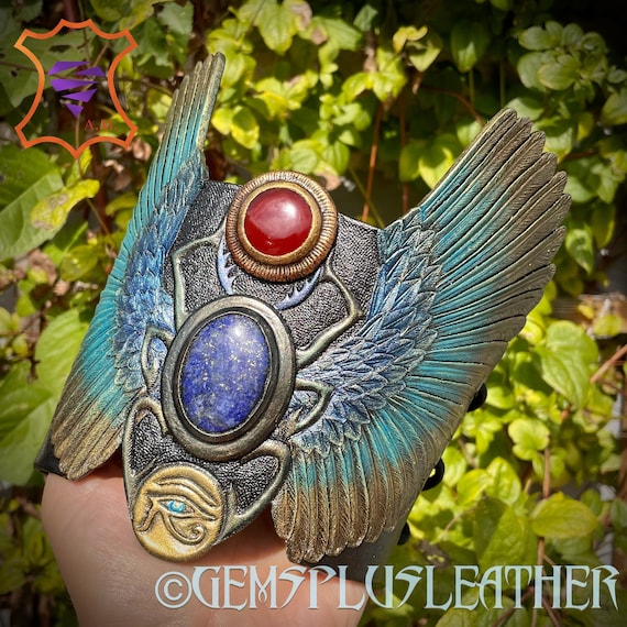 Tooled Leather Egyptian Scarab Bracelet by Gemsplusleather - Etsy