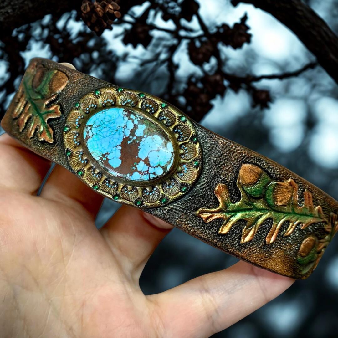 Hand Tooled Leather Cuff Bracelet: Turquoise, Oak Leaf & Acorn Design ...