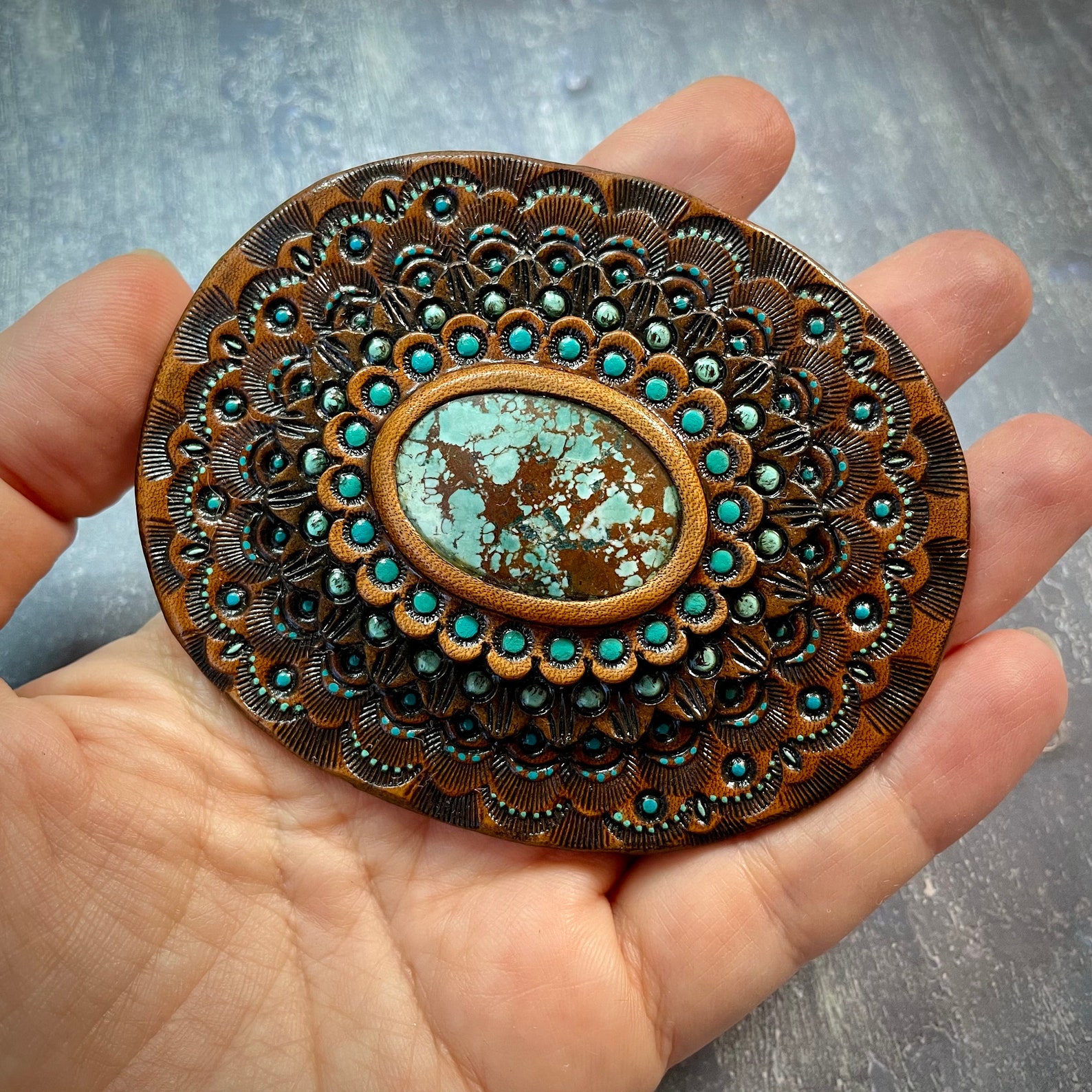 Tooled Leather Belt Buckle Face With Turquoise Cabochon Art - Etsy