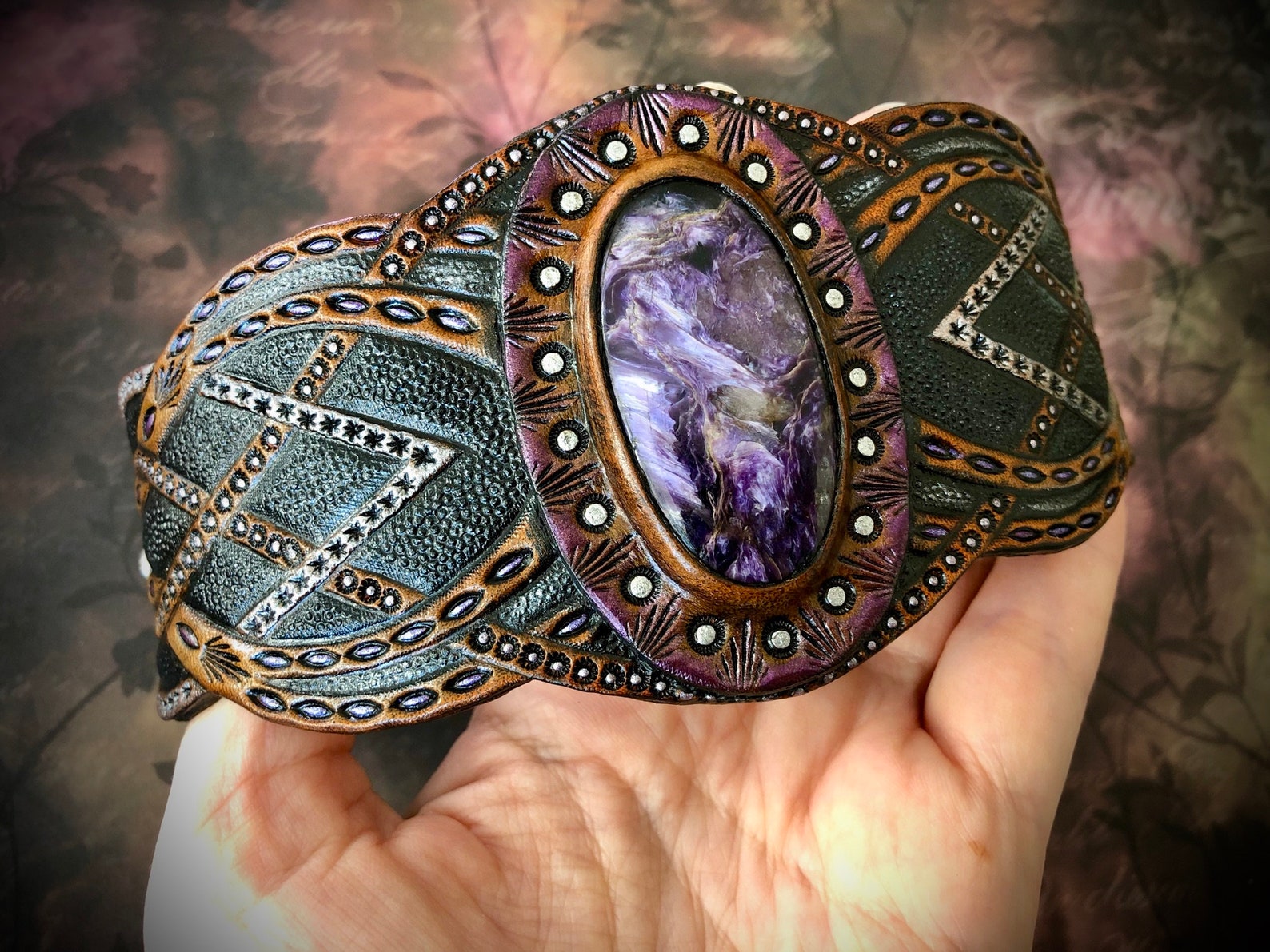 Tooled Leather Jewellery Set With Charoite Cabochons & Silver - Etsy