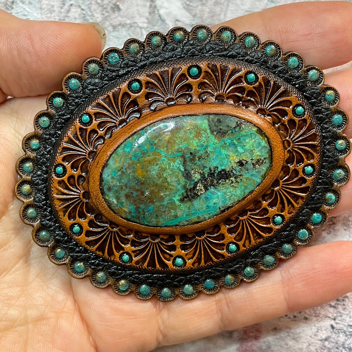 Hand Tooled Leather Concho With Chrysocolla Cabochon Natural - Etsy