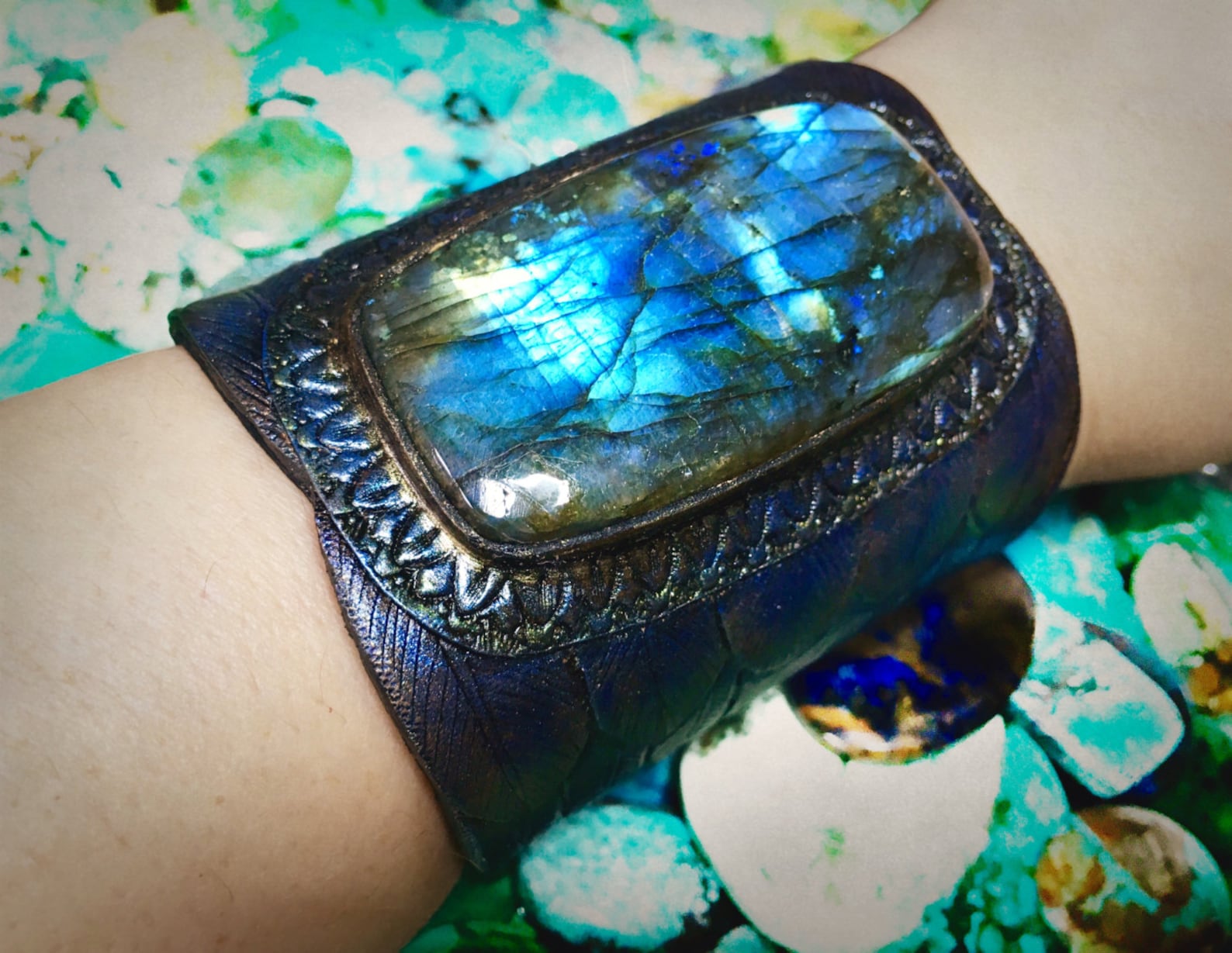 Exclusive tooled leather fantasy cuff bracelet with shiny blue | Etsy