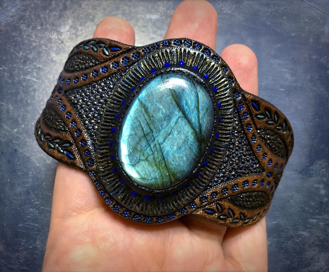 Hand Tooled Leather Fantasy Cuff Bracelet With Blue | Etsy