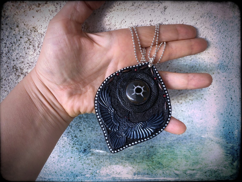 Hand Tooled Leather Raven Pendant With Fantastic Septarian & - Etsy