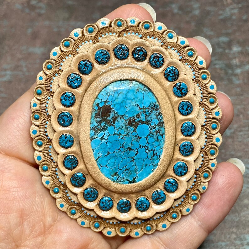 Hand Tooled Leather Conchos With Turquoise Natural Gemstone - Etsy