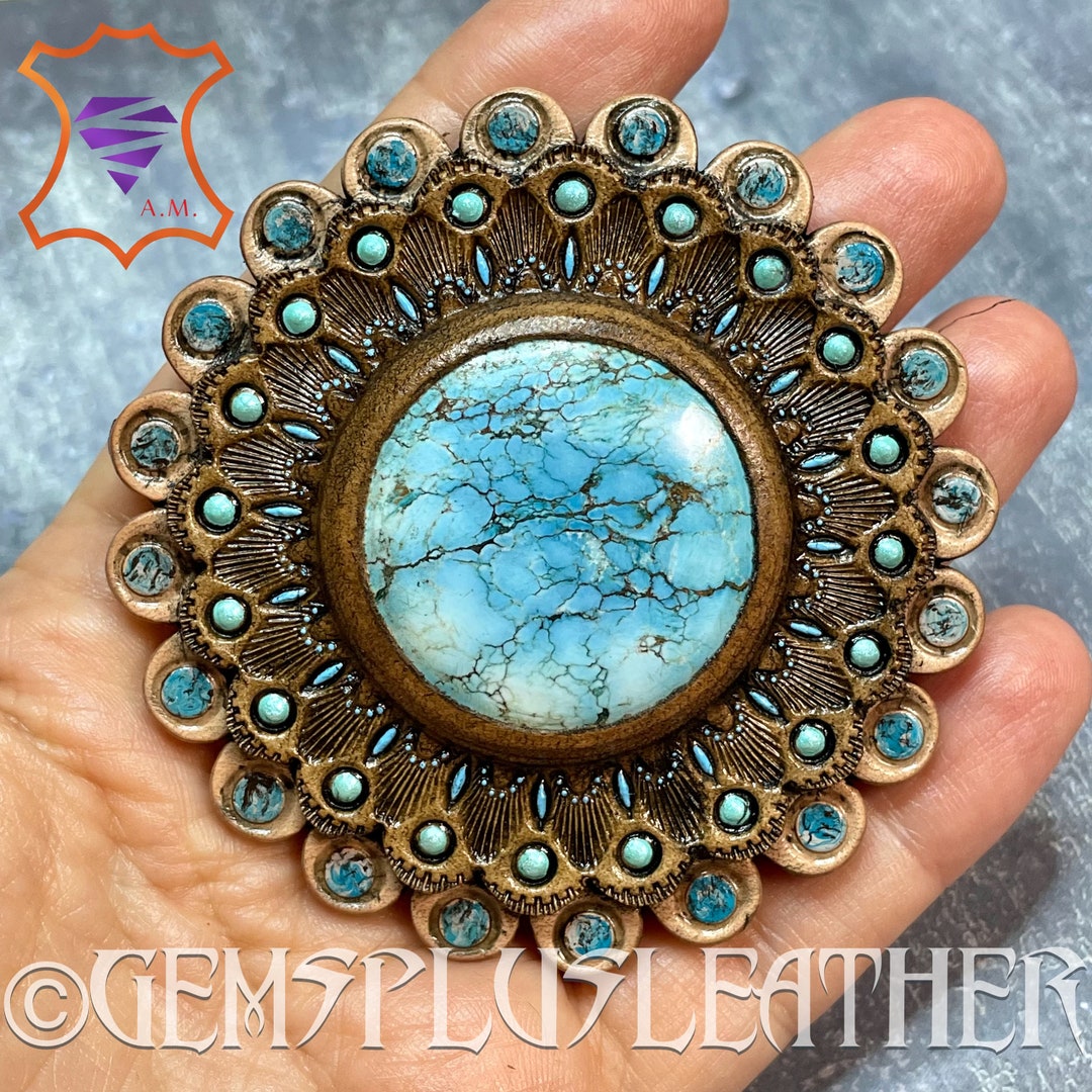 Hand Tooled Leather Concho With Turquoise Cabochon - Natural Gemstone ...
