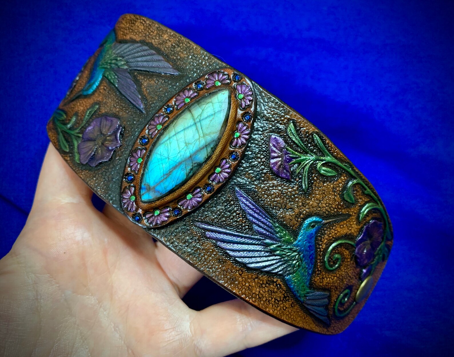 Tooled Leather Hummingbird Bracelet Hand Painted Leather - Etsy