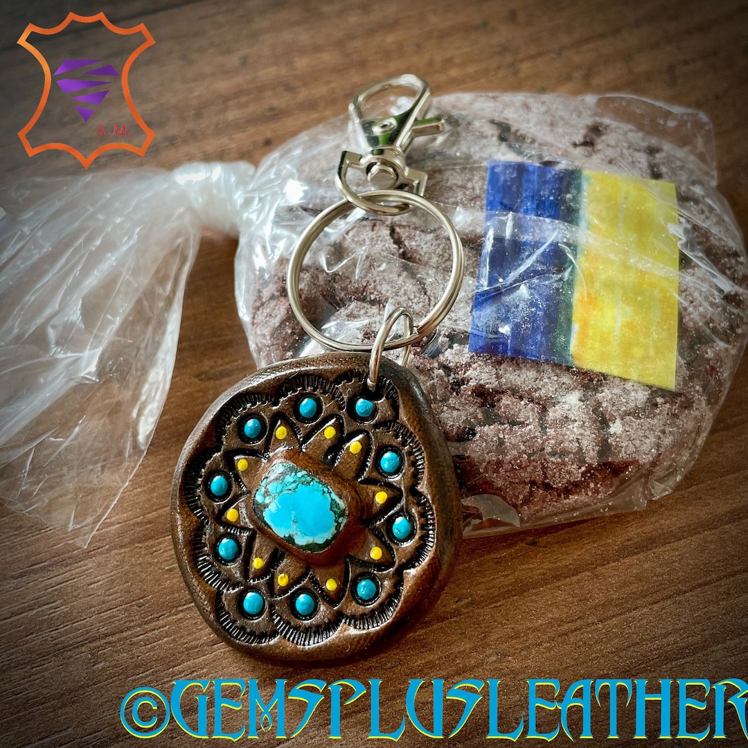 Tooled Leather Turquoise Key Holder - Hand Tooled Leather Key Fob ...