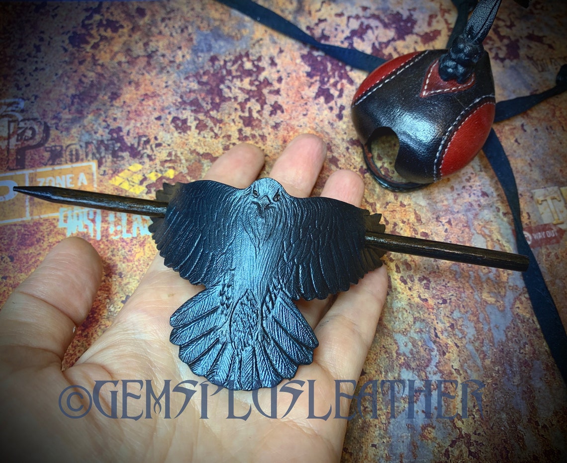 Tooled Leather Raven Shawl Pin or Hair Cuff Black Raven - Etsy