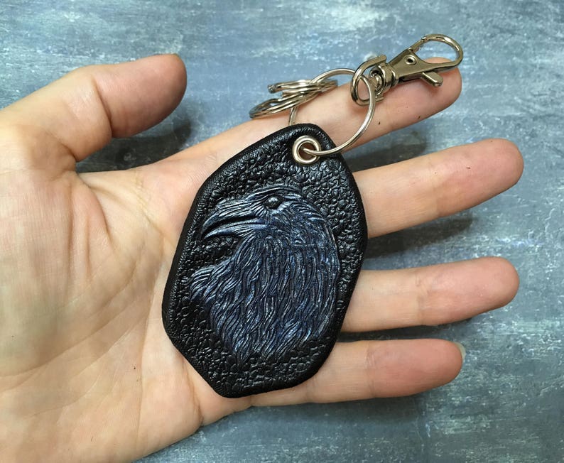 Tooled Leather Raven Key Holder Hand Tooled Leather Key Fob - Etsy