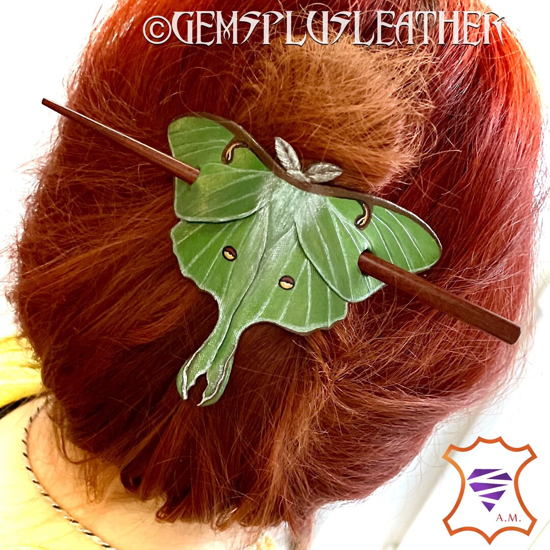 Tooled Leather Luna Moth Shawl Pin or Ponytail Cuff With Stick ...