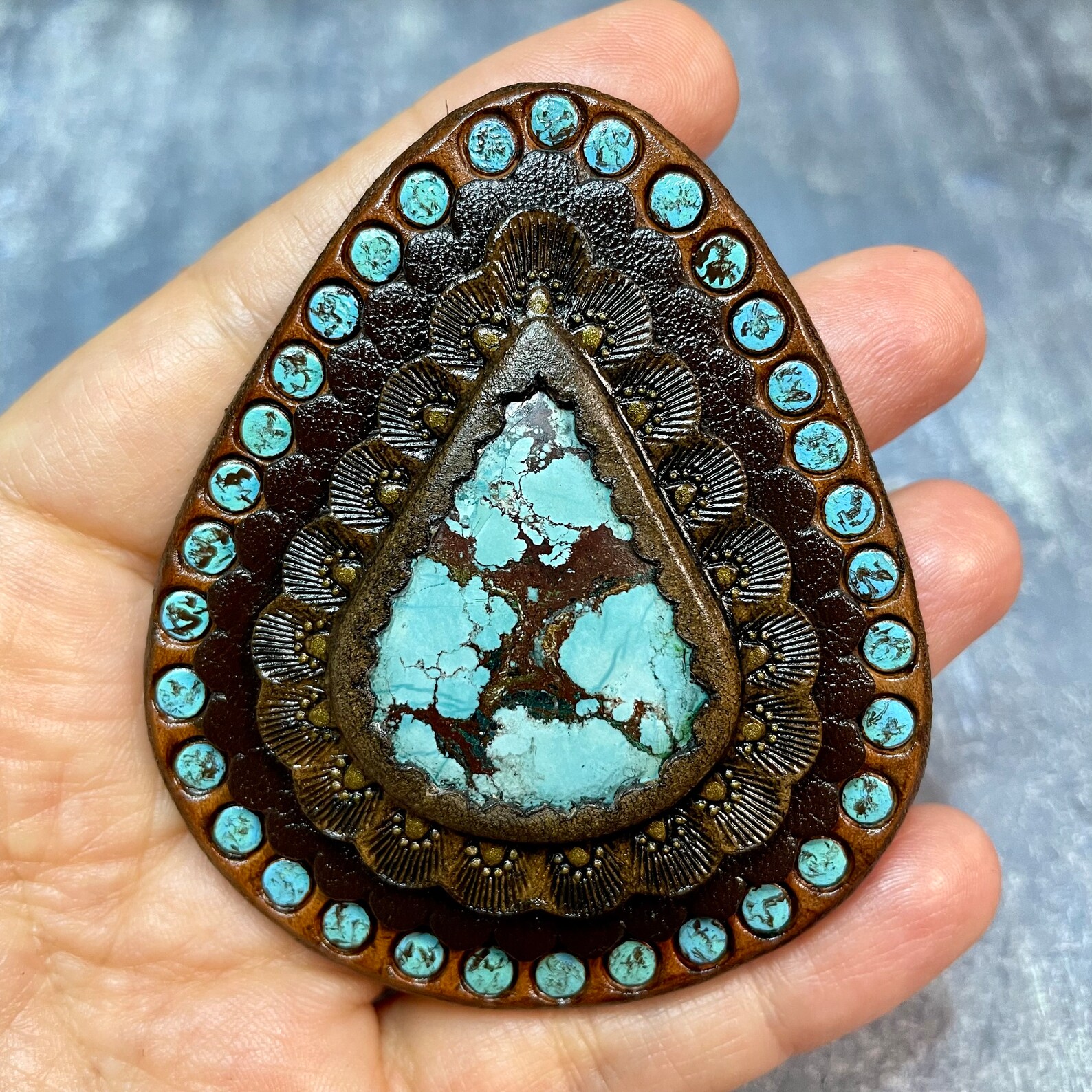 Hand Tooled Leather Concho With Turquoise Natural Gemstone - Etsy