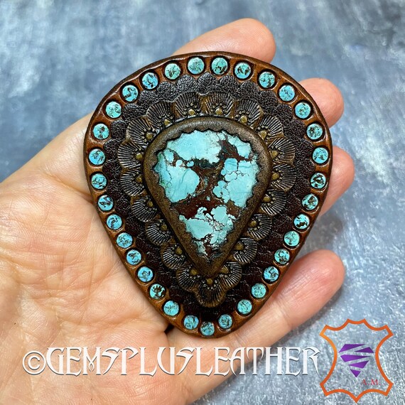 Hand Tooled Leather Concho With Turquoise Natural Gemstone - Etsy