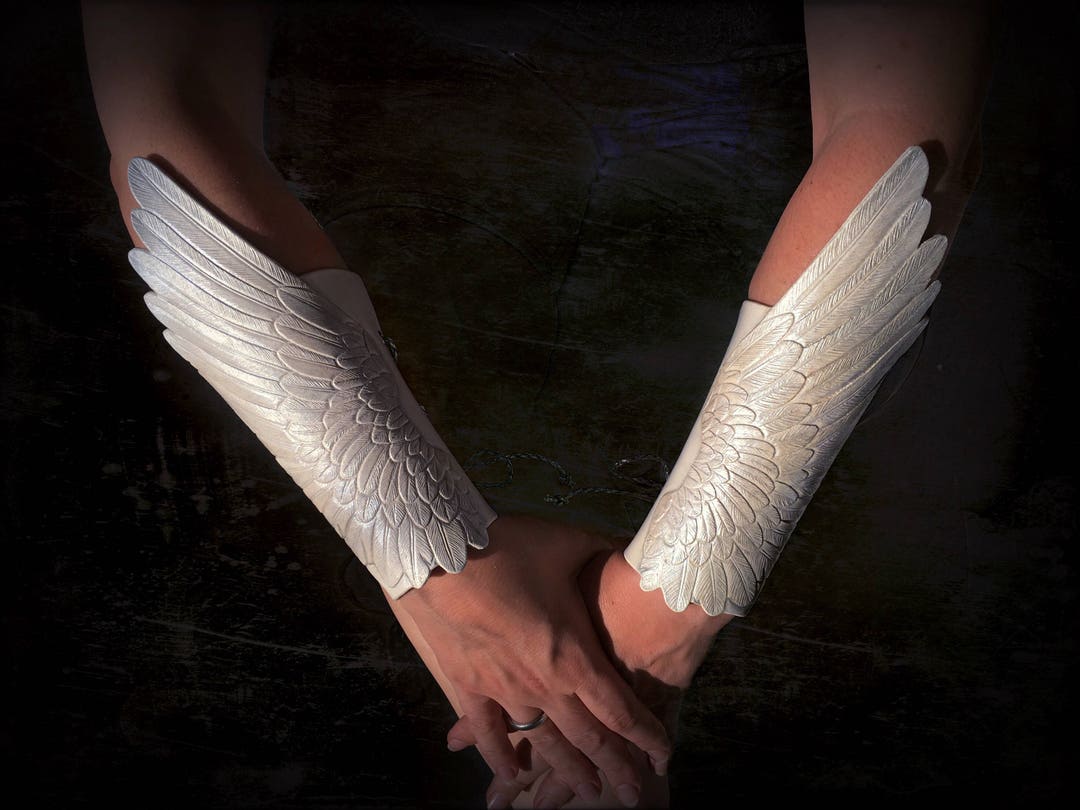 Hand Tooled Leather Swan Wing Bracers: Angel Wings With Silver Sheen - Etsy