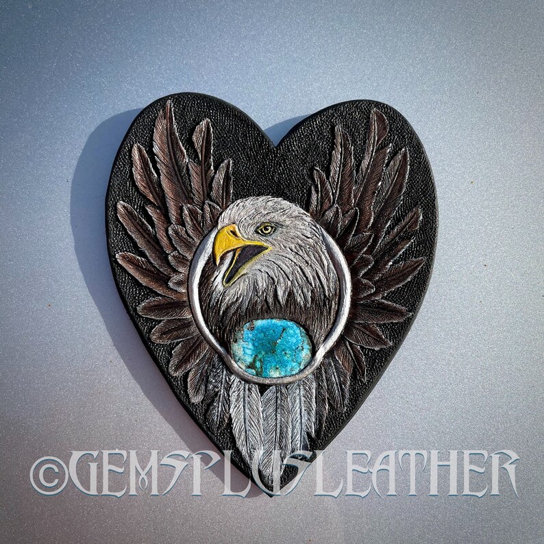 Tooled Leather Bald Eagle With Turquoise 3D Piece by | Etsy