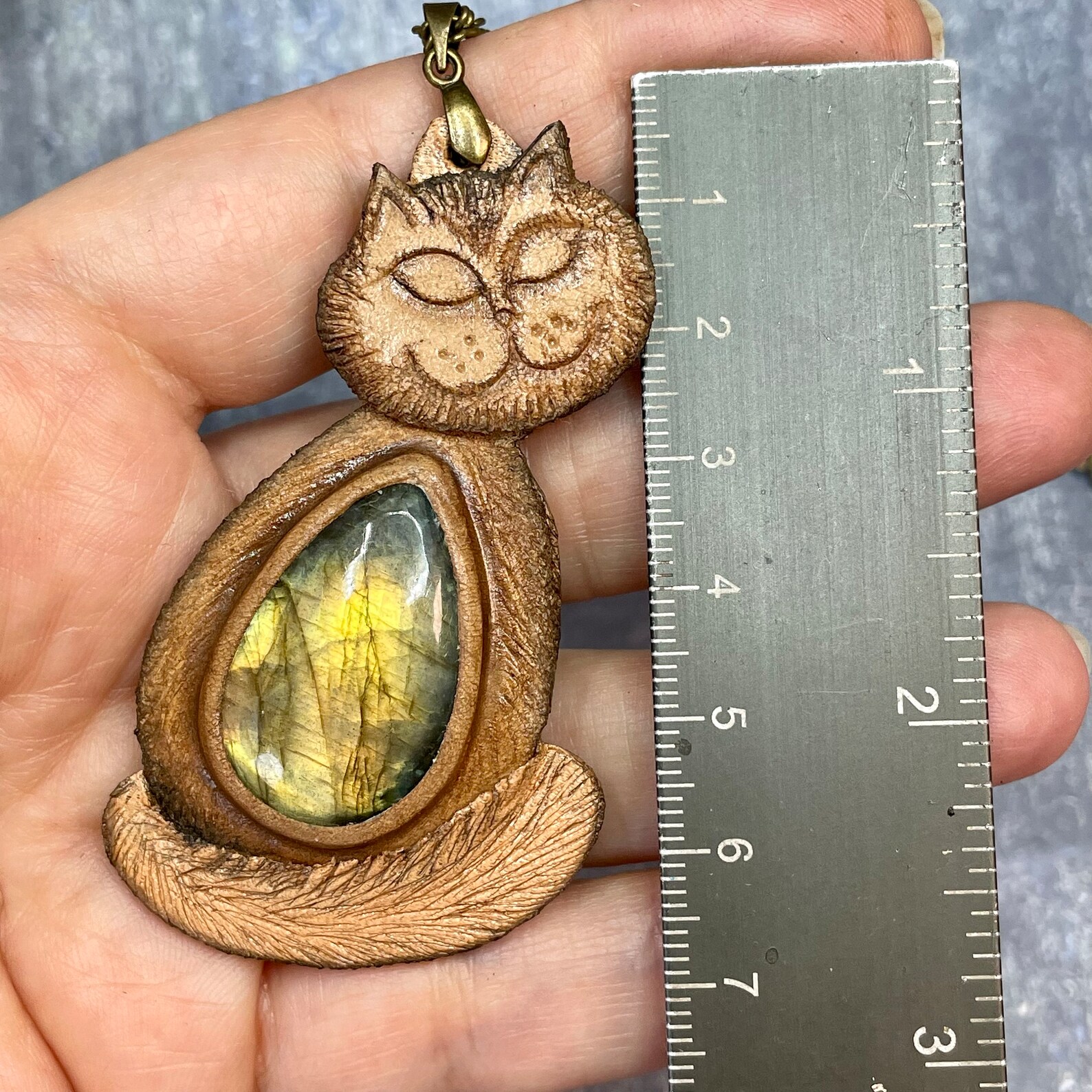 Tooled Leather Cat Pendant With Golden Labradorite Hand - Etsy
