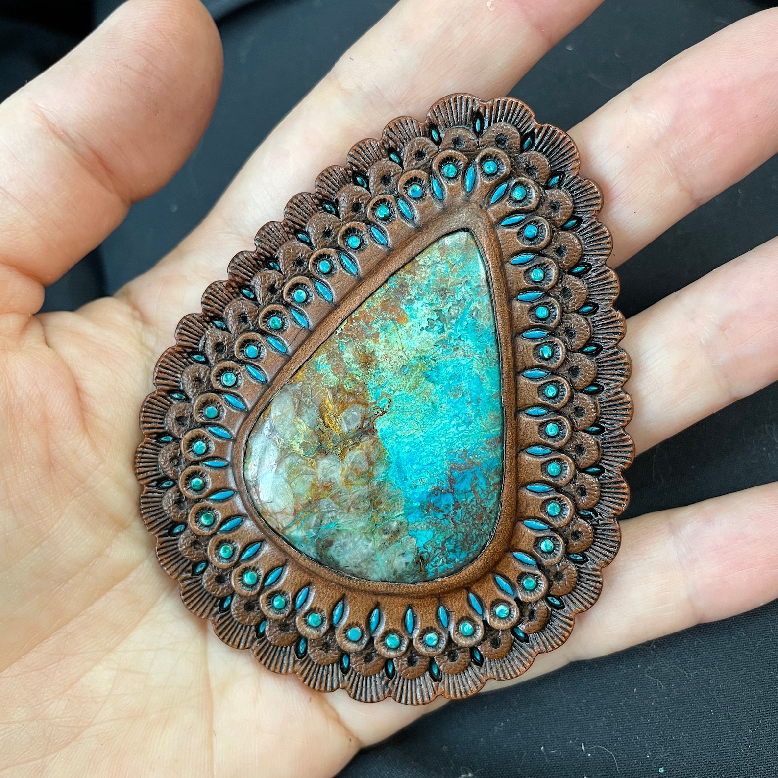 Hand Tooled Leather Concho With Chrysocolla Cabochon Natural - Etsy
