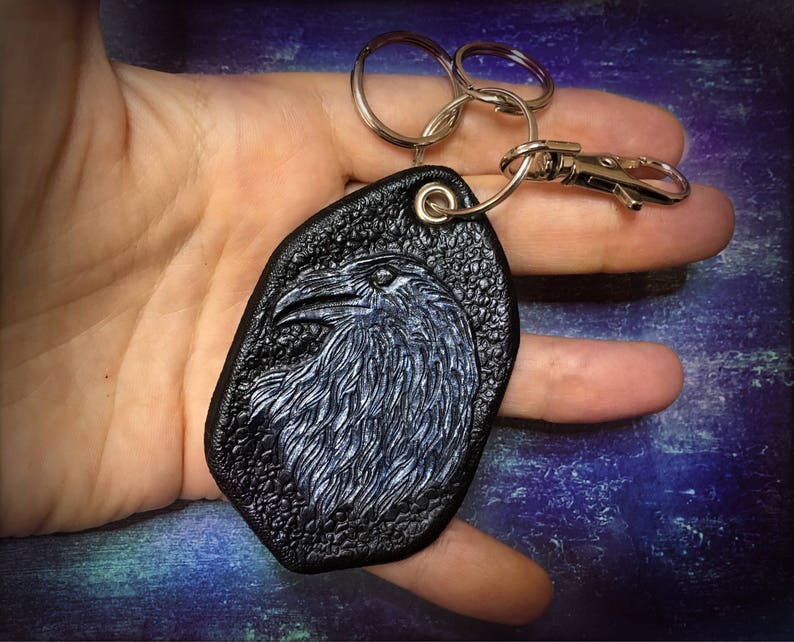 Tooled Leather Raven Key Holder Hand Tooled Leather Key Fob - Etsy