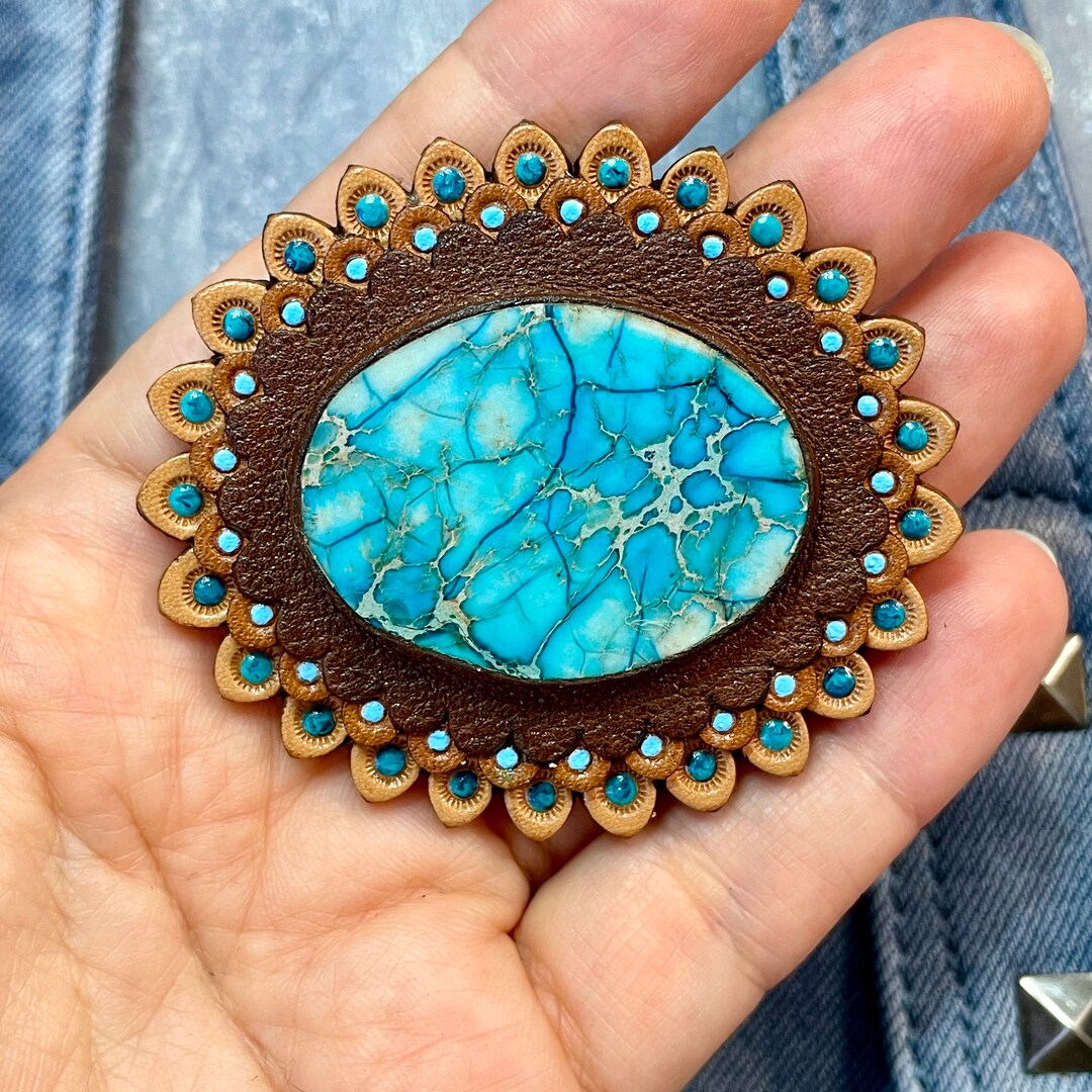 Hand Tooled Leather Concho With Sea Sediment Jasper Cabochon - Concho ...