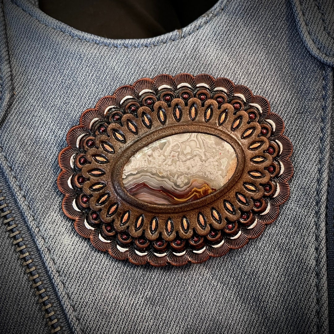 Hand Tooled Leather Concho With Crazy Lace Agate Natural - Etsy