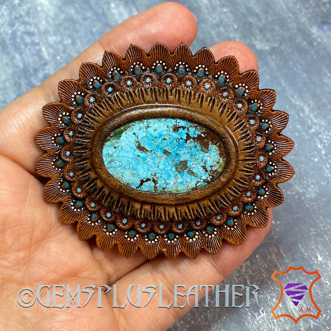 Hand Tooled Leather Concho With Turquoise Natural Gemstone - Etsy