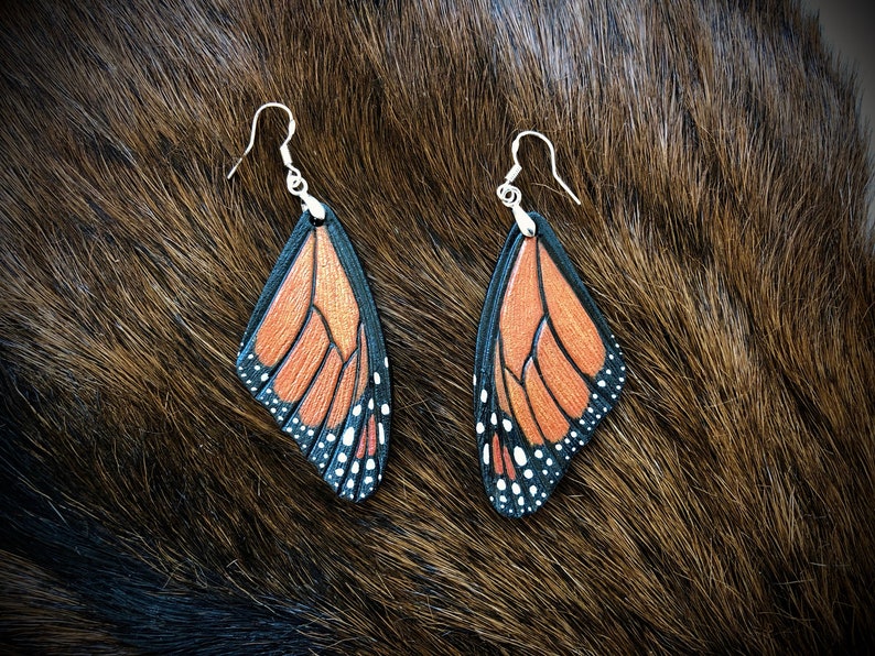 Hand Tooled Leather Monarch Butterfly Earrings: Iridescent Sterling ...