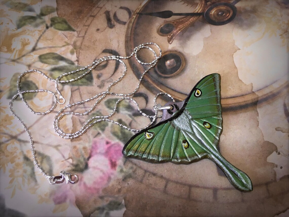 Fantasy Tooled Leather Luna Moth Pendant Iridescent Moth | Etsy