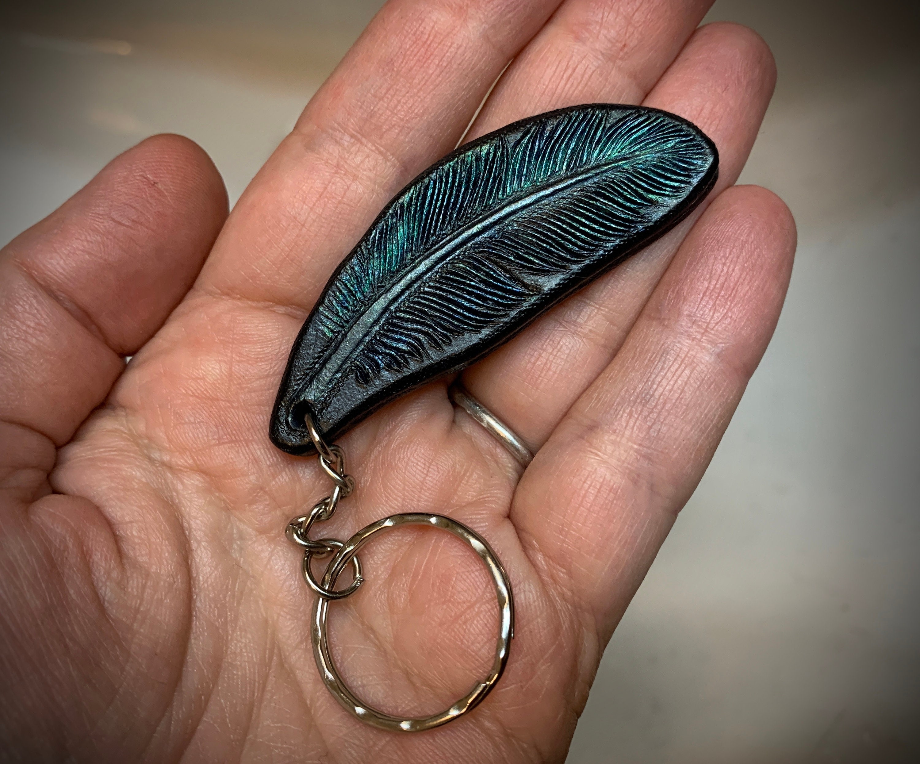 Tooled Leather Raven Feather Key Holder Hand Tooled Leather | Etsy