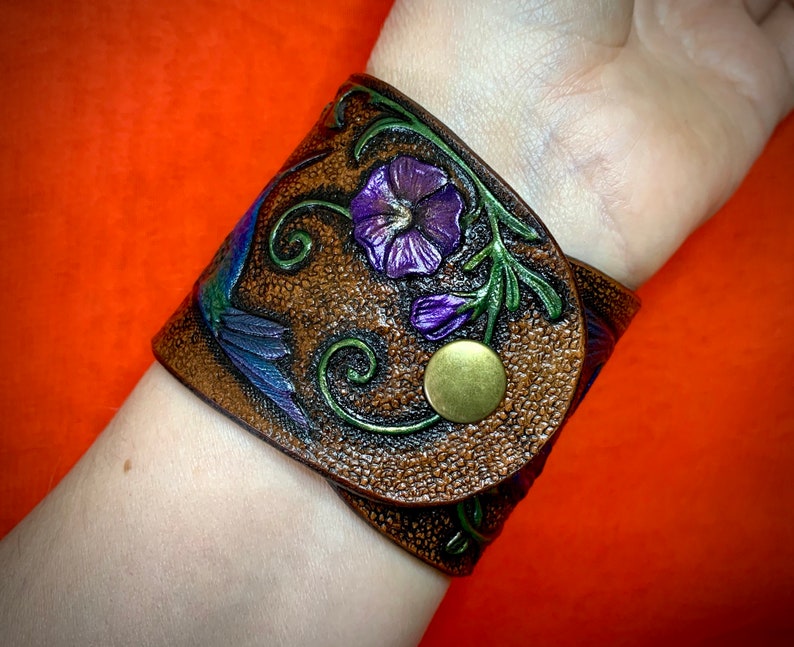 Tooled Leather Hummingbird Bracelet Hand Painted Leather | Etsy