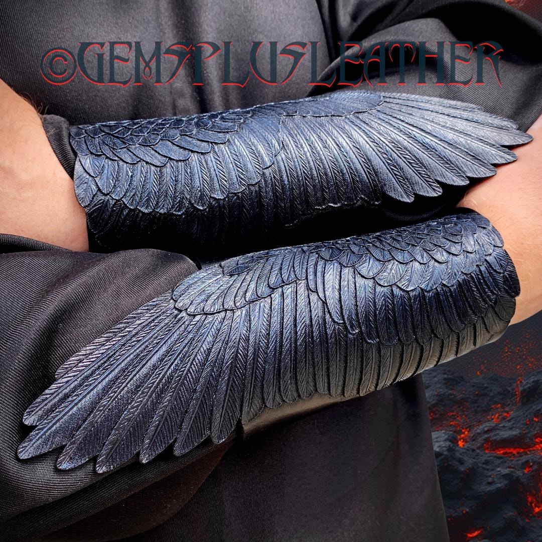Hand Tooled Leather Raven Wing Bracers: Iridescent Cosplay Gear - Etsy