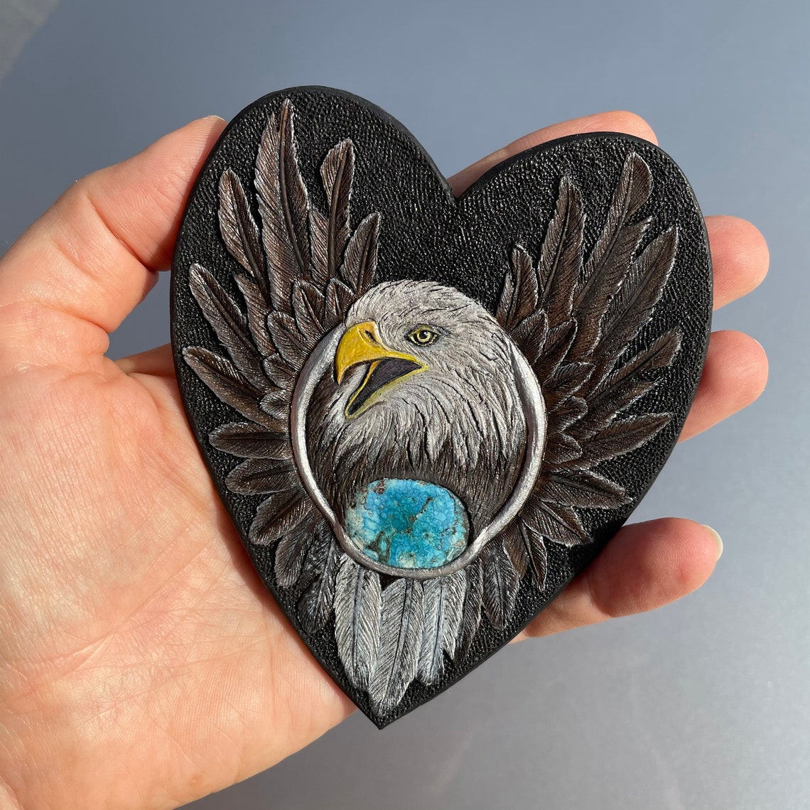 Tooled leather bald eagle with turquoise 3D piece by | Etsy