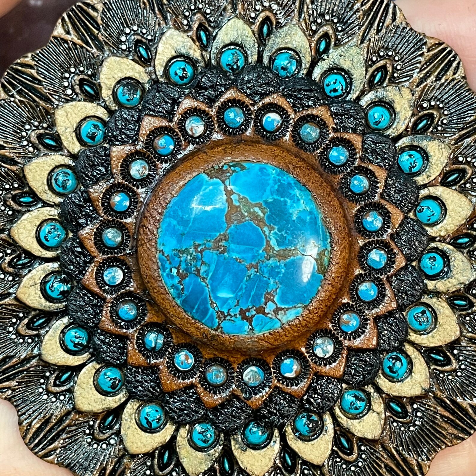 Hand Tooled Leather Concho With Turquoise Natural Gemstone - Etsy