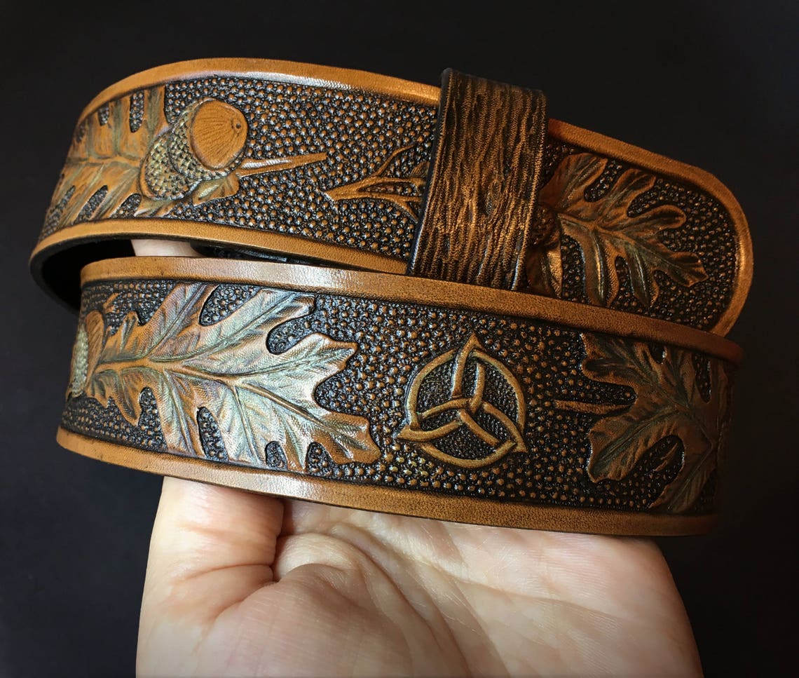 Hand tooled leather belt and cuff with oak leaves and acorns | Etsy