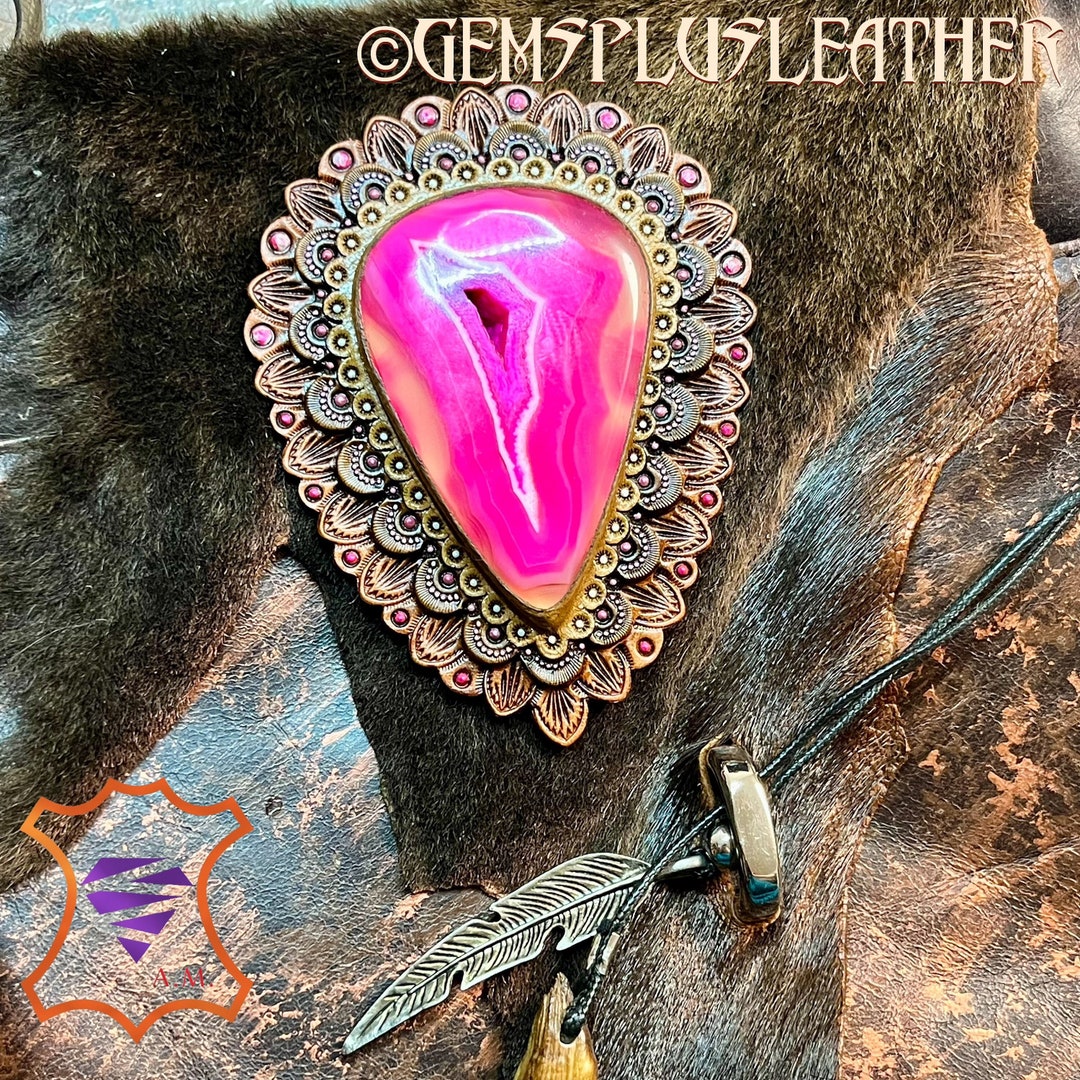Hand Tooled Leather Concho With Onyx Agate - Gemstone Accessory - Pink ...