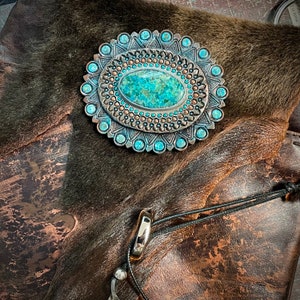 Hand Tooled Leather Concho With Chrysocolla - Rustic Style Gemstone ...