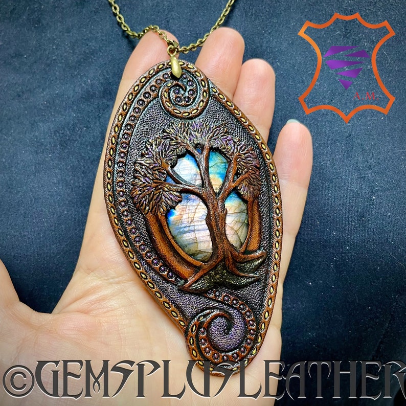 Hand Tooled Leather Tree of Life Pendant With Rainbow - Etsy