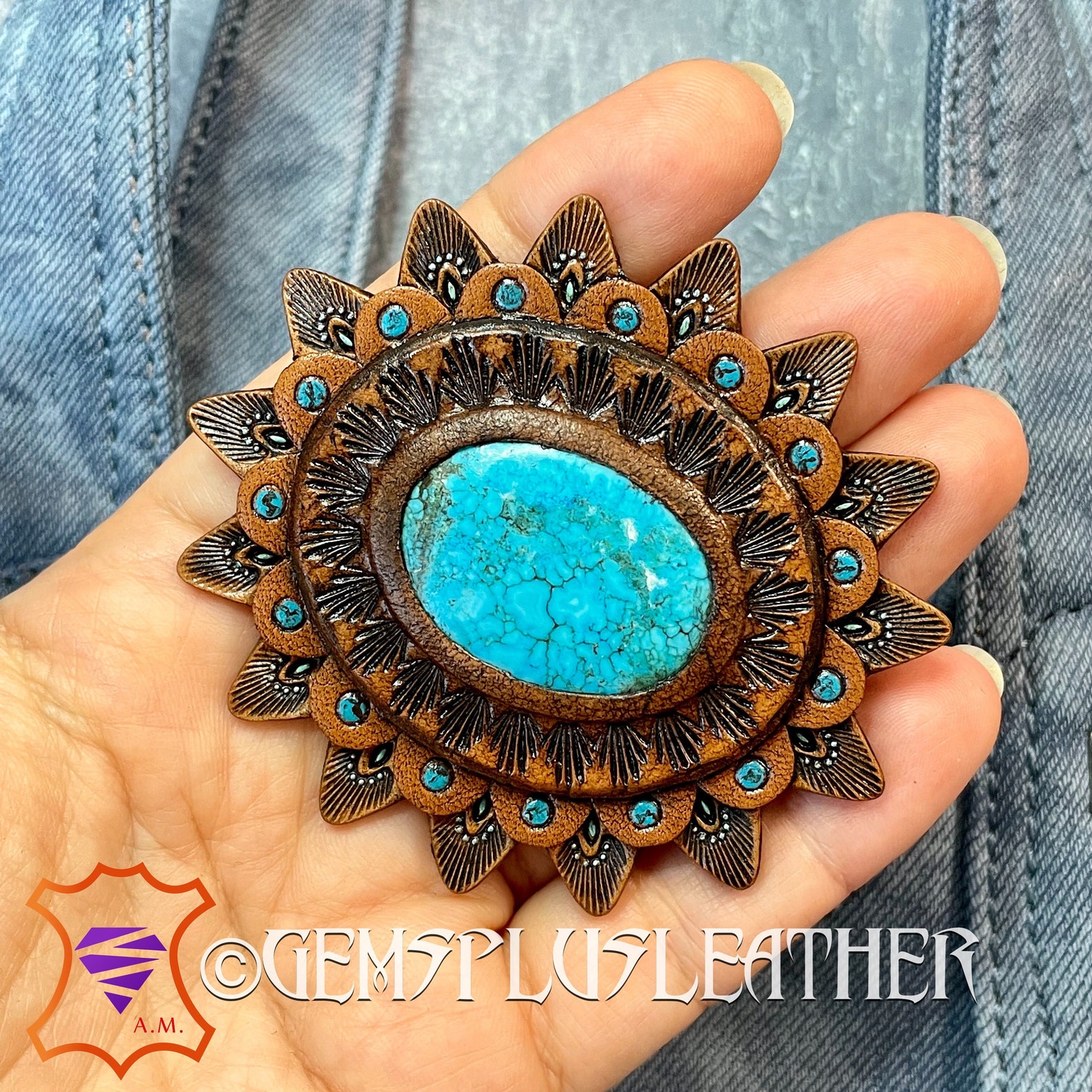 Hand Tooled Leather Concho With Turquoise Natural Gemstone - Etsy
