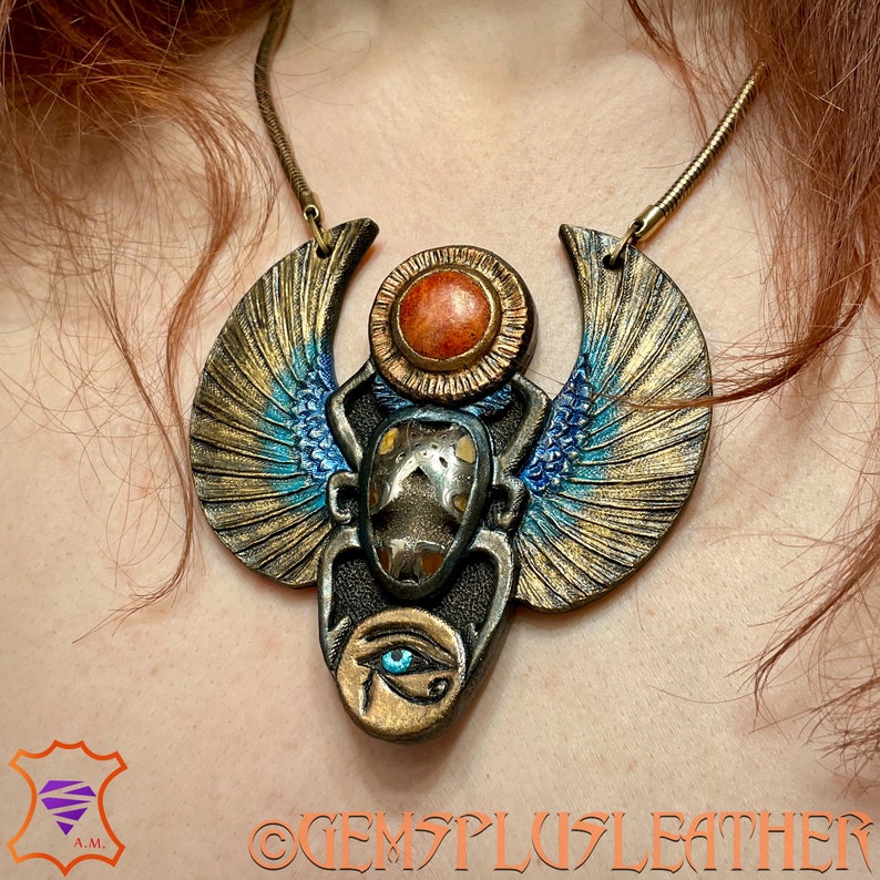 Tooled Leather Egyptian Scarab Necklace by Gemsplusleather | Etsy