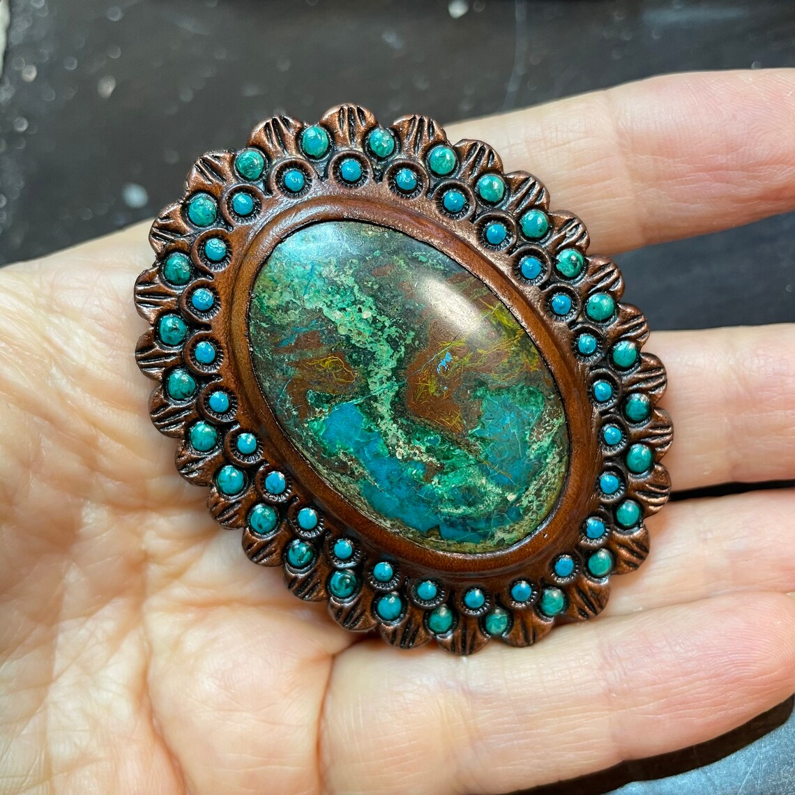 Hand Tooled Leather Concho With Chrysocolla Cabochon Natural | Etsy
