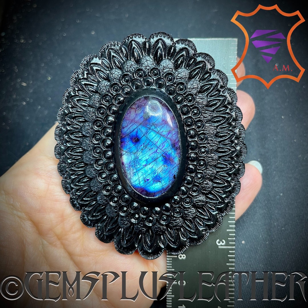 Hand Tooled Leather Concho: Purple Labradorite Bag Accessory - Etsy