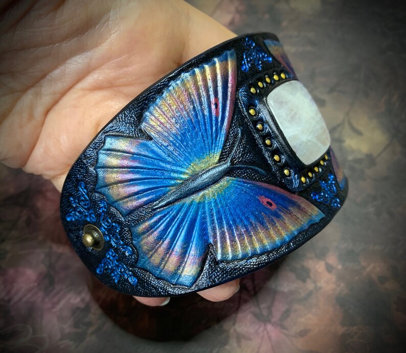 Hand tooled and hand painted leather cuff bracelet with | Etsy