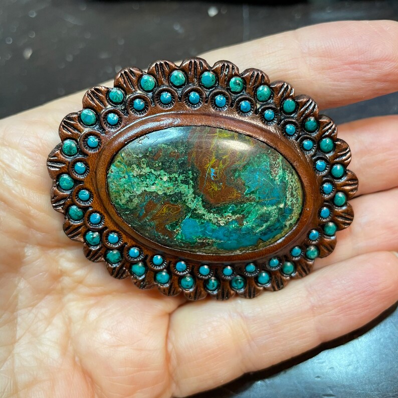 Hand Tooled Leather Concho With Chrysocolla Cabochon Natural | Etsy