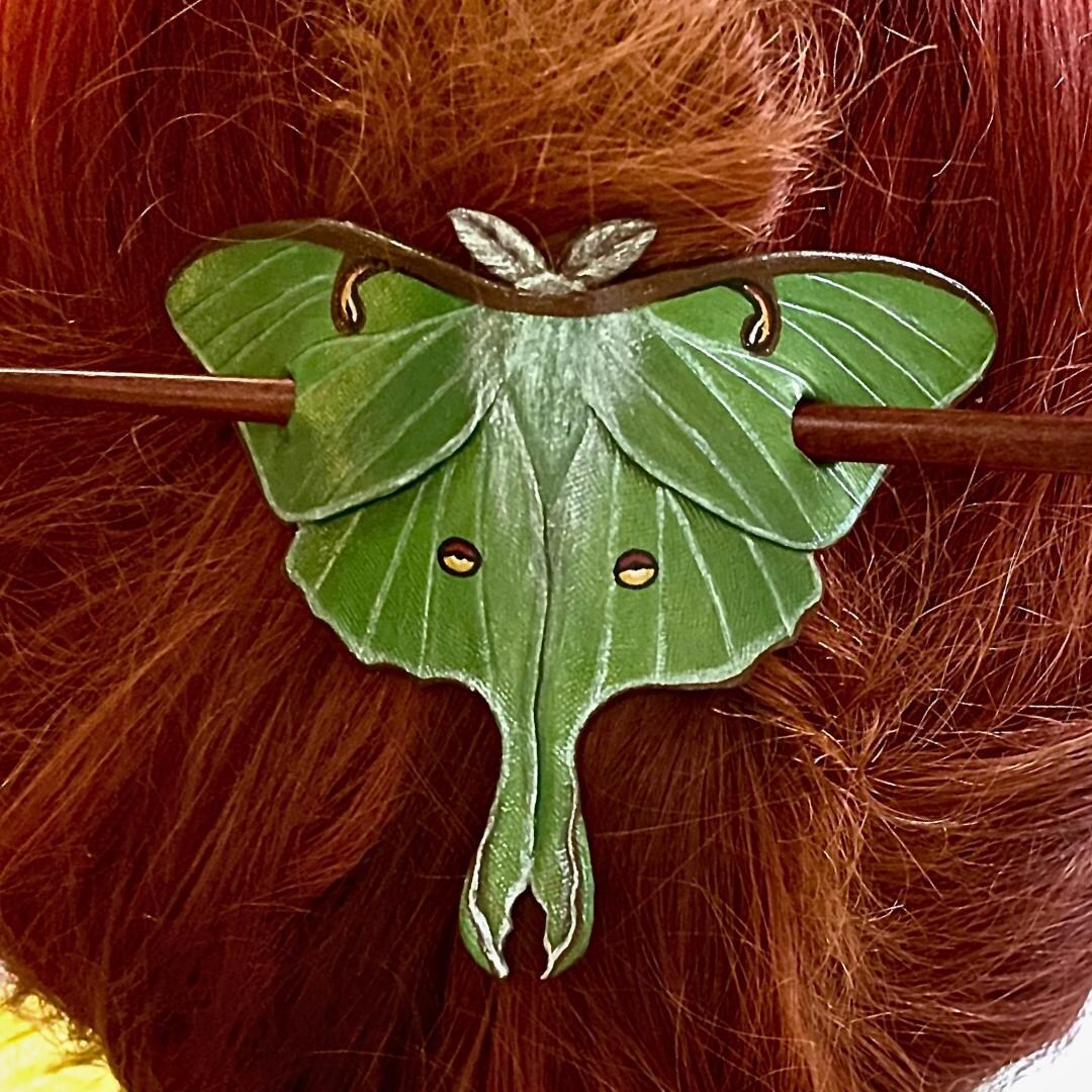 Tooled Leather Luna Moth Hair Pin: Green Ponytail Cuff - Etsy
