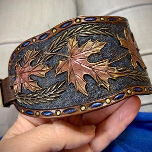 Hand Tooled and Hand Painted Leather Dog Collar With Maple Leaves and ...
