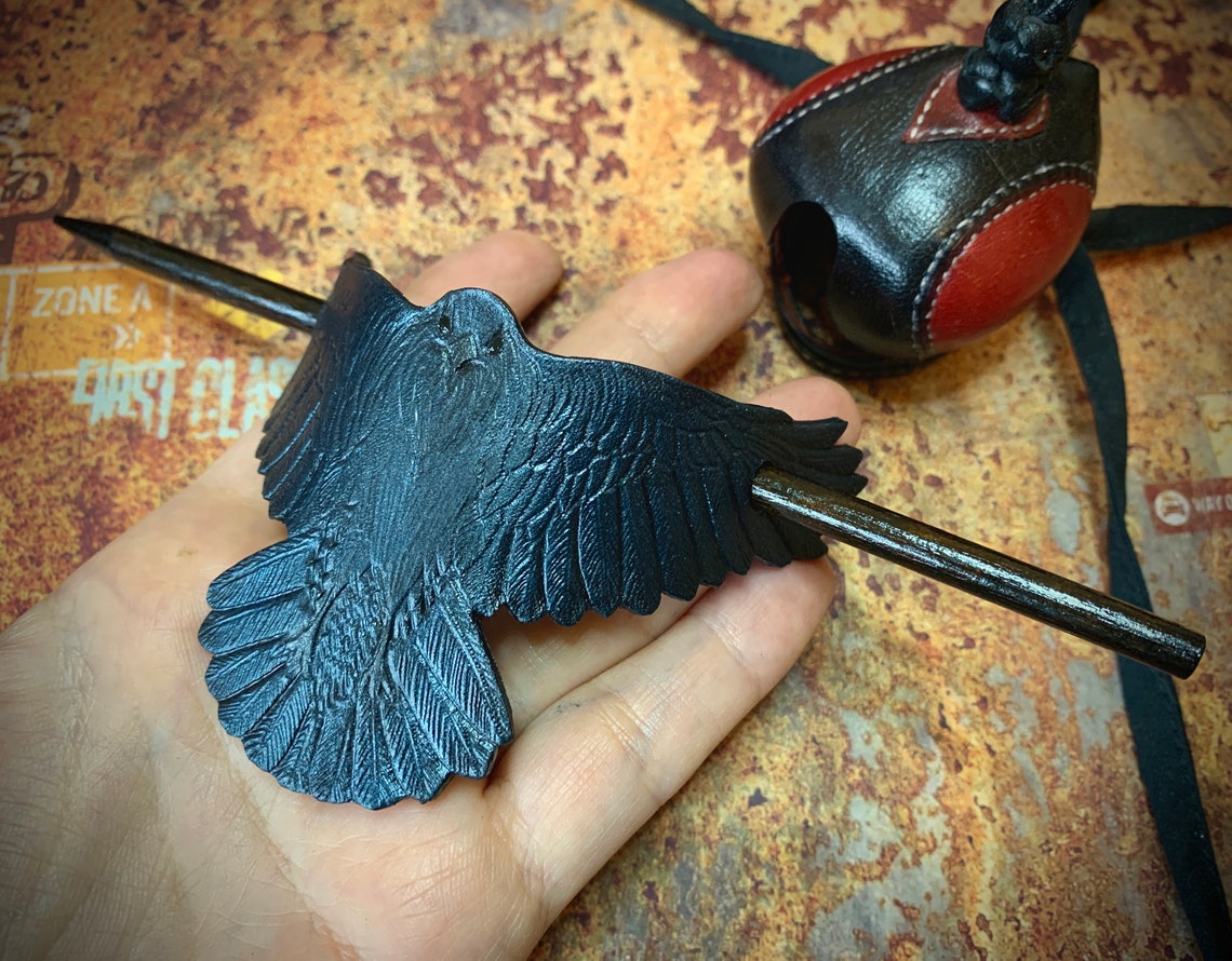 Tooled Leather Raven Shawl Pin or Hair Cuff Black Raven - Etsy