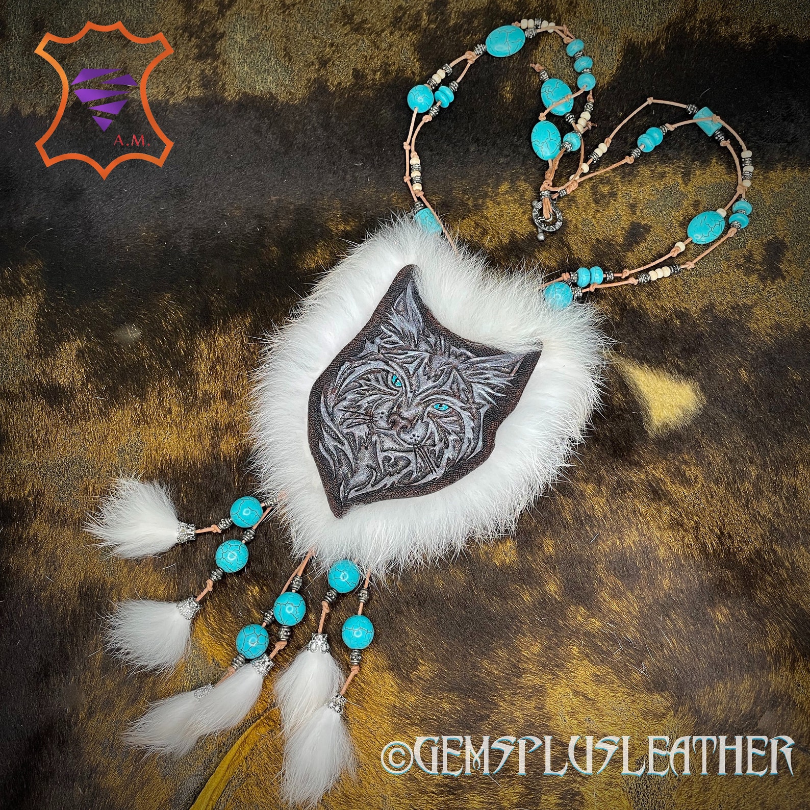 Hand Tooled Leather Silver Lynx Necklace Combination of Hand - Etsy