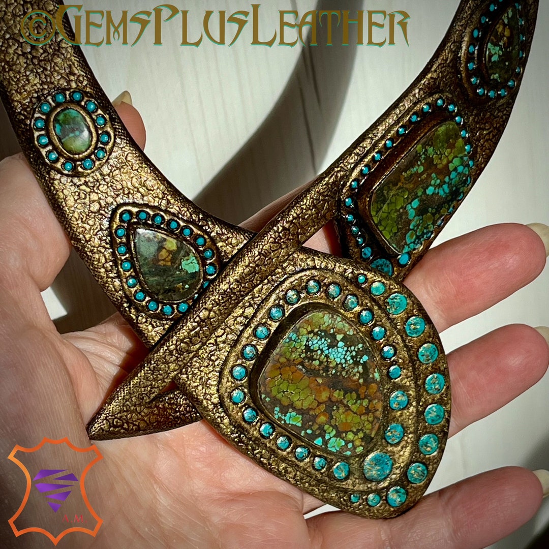Tooled Leather Necklace Imitating Aged Gold, Featuring Hubei Turquoise ...