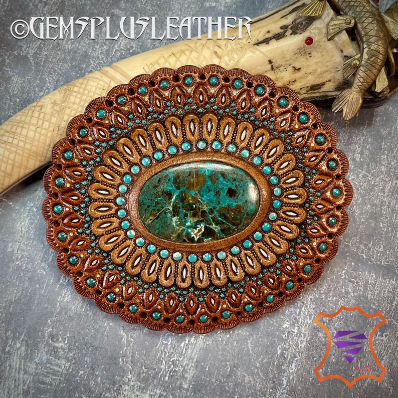 Tooled Leather Belt Buckle Face With Chrysocolla Cabochon - Etsy