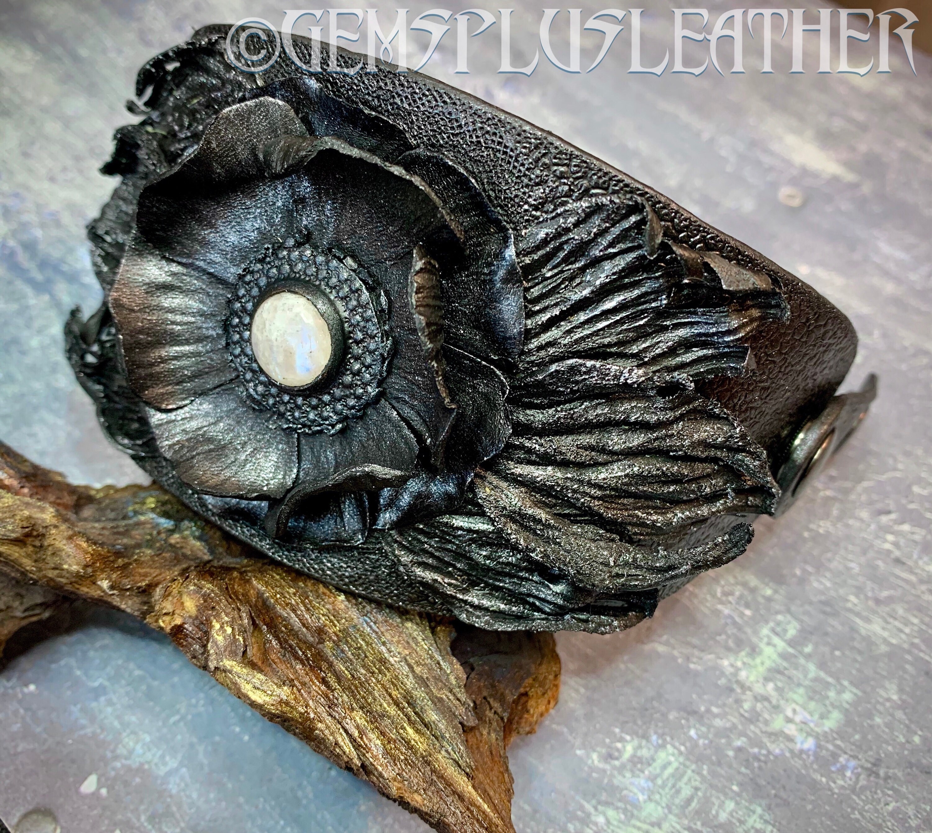 Black tooled leather bracelet with 3D flower and leaves with | Etsy